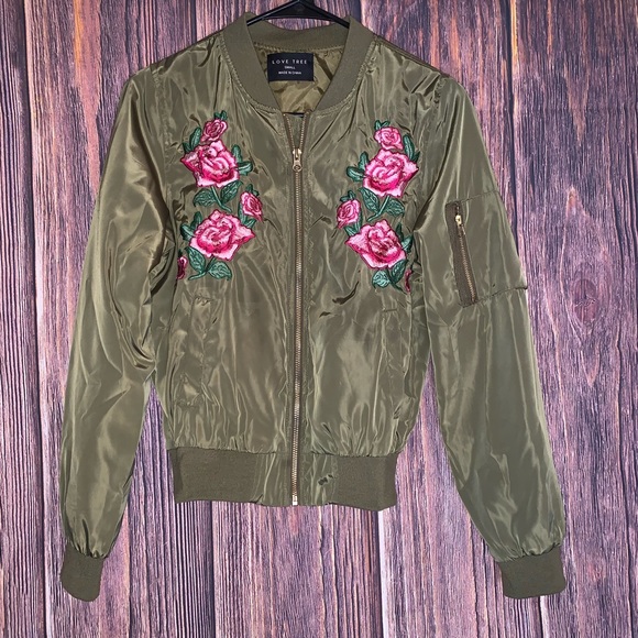 Love Tree | Jackets & Coats | Love Tree Floral Embroidery Bomber Jacket ...